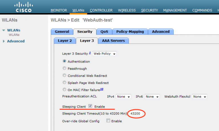 Включение Sleeping Clients на Cisco WLC | Global Hotspot